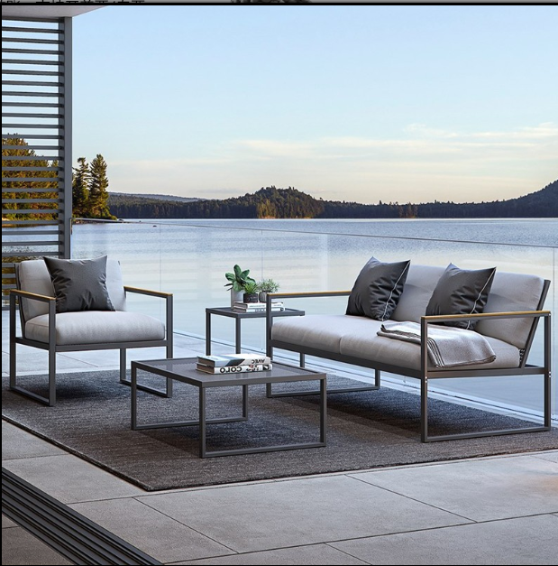 户外铝合金沙发防晒防水铁艺软包咖色景观亭沙发（套装含双人沙发*1+单人沙发*1+茶几*1）-融创集采商城