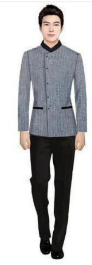 （集采）保洁秋季男装长袖 仿毛条纹贡丝锦，面料成份为涤纶65%，粘胶35%，克重为320g/㎡。颜色：灰色带条纹。-融创集采商城