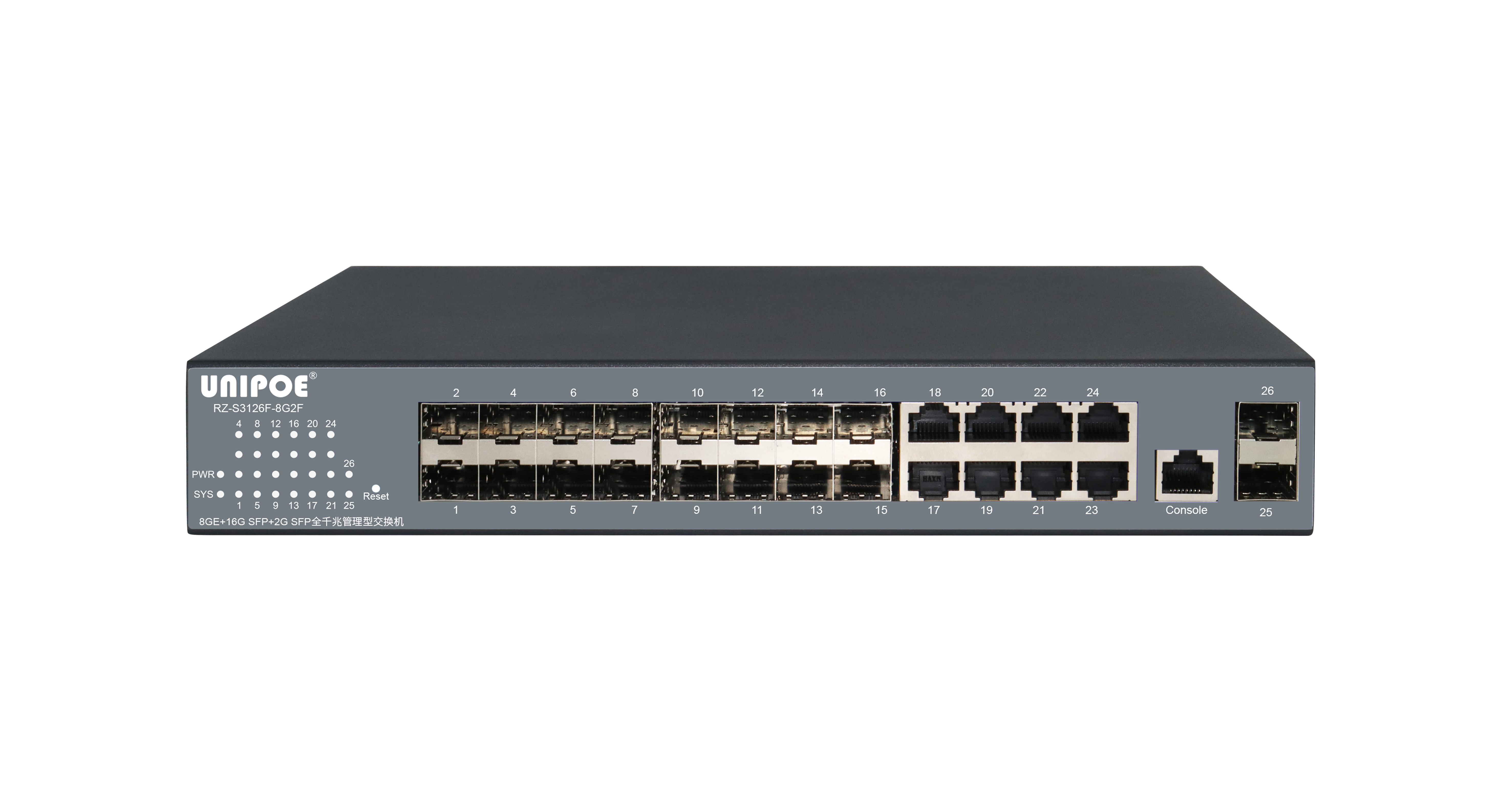 优力普(UNIPOE)，16光口+8电口+2光口千兆交换机，RZ-S3126F-8G2F，16个千兆SFP光插槽+8个千兆电口+2个上行千兆SFP光插槽，交换容量：336Gbps，包转发率 ...