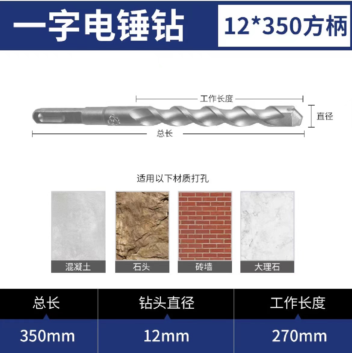赫力斯电锤钻四坑方柄钻头12mm*350mm；材质：高强度硬质合金-融创集采商城