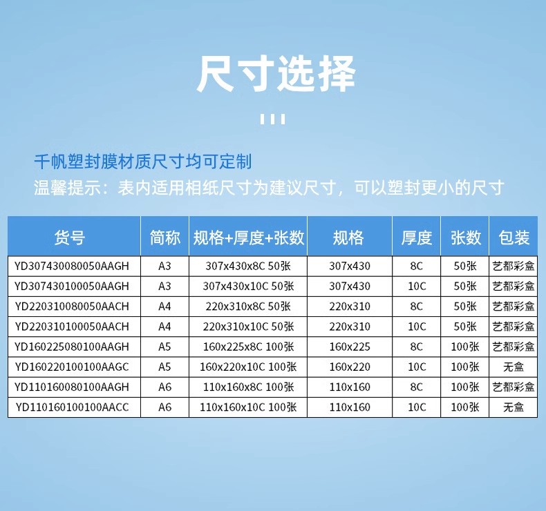 【华南自由贸易】千帆塑封膜 A4 6.5C 220*310mm 100张/盒 20盒/件-融创集采商城