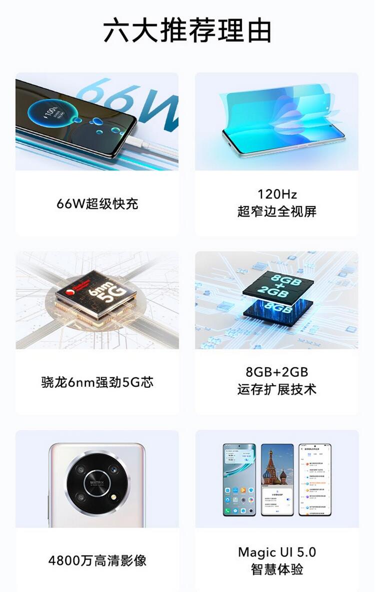 荣耀手机 X30 骁龙6nm疾速5G芯 66W超级快充 120Hz全视屏 8GB+256GB 魅海蓝-融创集采商城