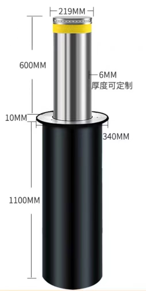 通用学校全自动液压升降柱电动伸缩地桩停车场不锈钢遥控自动防撞路桩 预埋深度约1100mm 主体直径约219mm 升降高度约600mm法兰盘厚度 ...