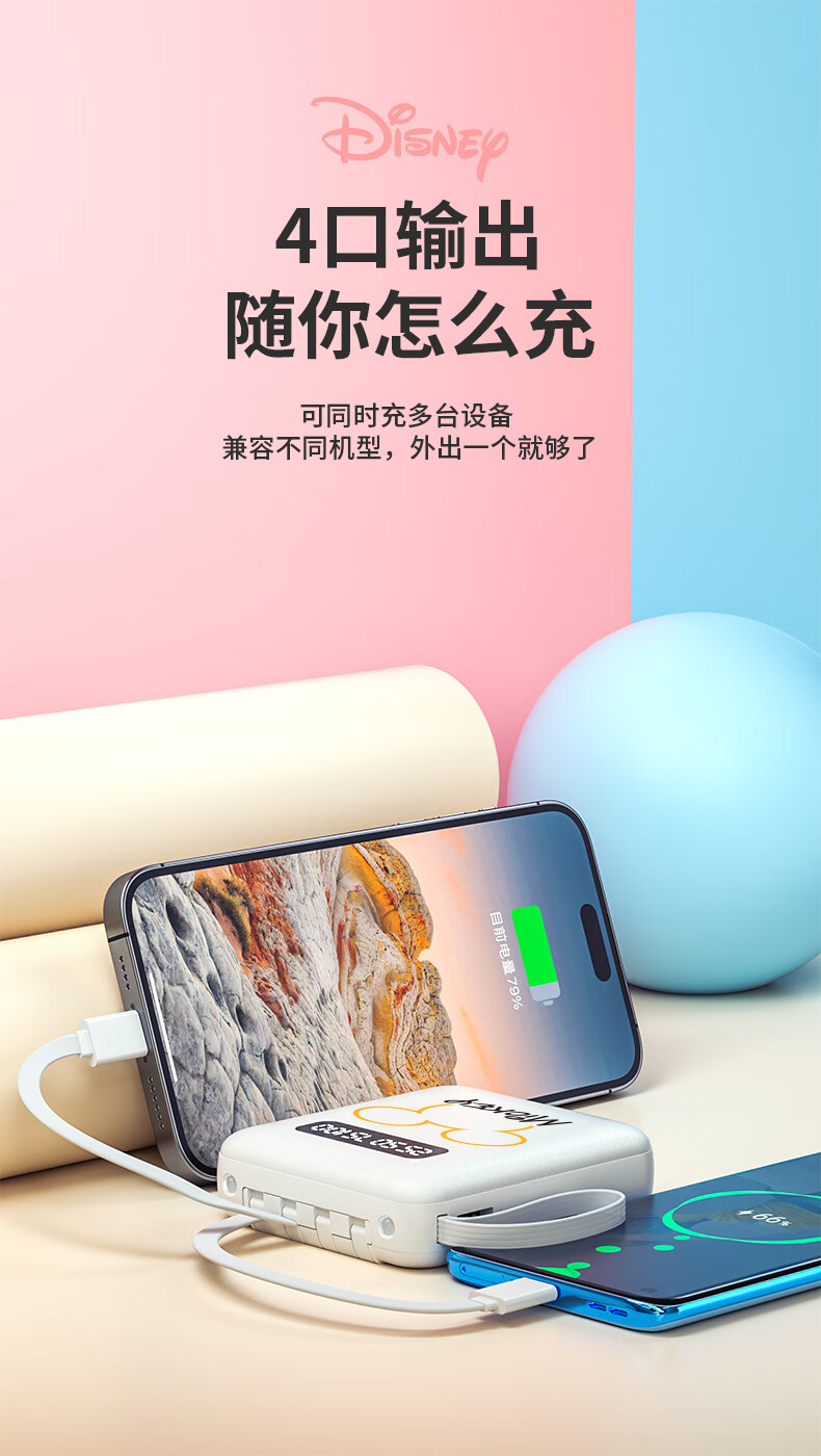迪士尼（DISNEY）移动电源 10000毫安大容量 轻薄便携 可上飞机 自带四线充电宝适用华为苹果安卓 草莓熊-融创集采商城